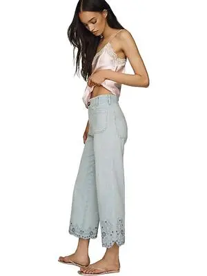 Maeve Colette Eyelet High-Rise Wide-Leg Cropped Jeans - Light